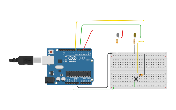 Circuit design LED push Button - Tinkercad