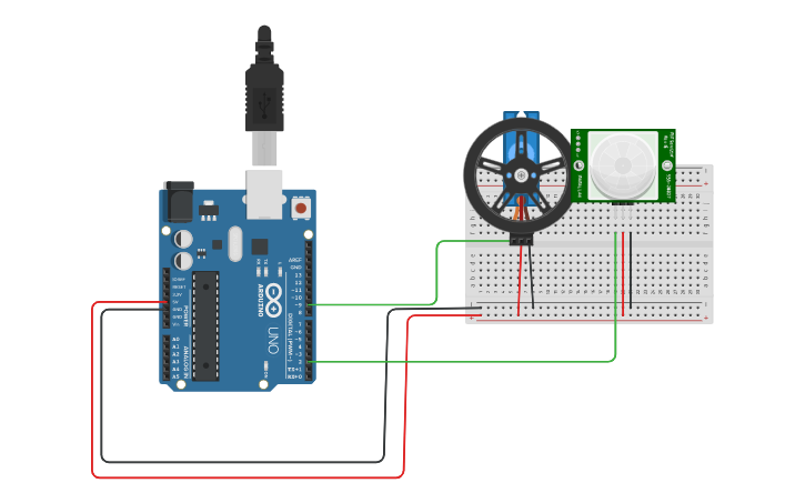 Circuit design PIR sensor and start rotating a servo motor - Tinkercad Circuit design PIR sensor and start rotating a servo motor - Tinkercad
