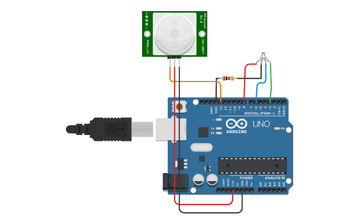 Circuit design Latihan 3 Arduino Sensor Gerak - Tinkercad Circuit design Latihan 3 Arduino Sensor Gerak - Tinkercad