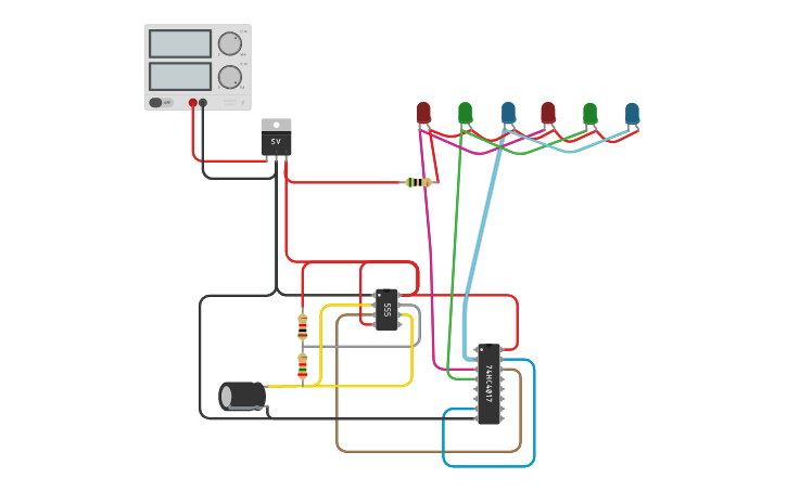 Circuit design Chenillard 3 LED anode commune - Tinkercad