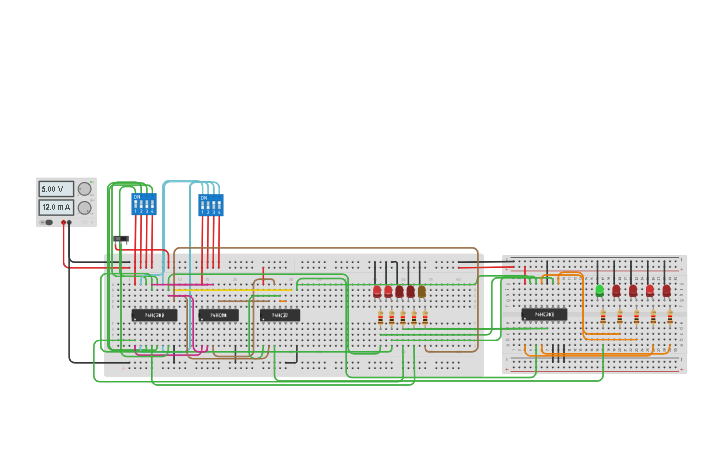 Circuit design BCD adder using IC 74283 - Tinkercad