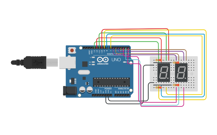 Circuit design 7-segment LED display - Tinkercad
