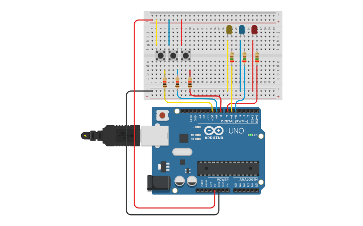 Circuit design Semaforo con Pulsador - Tinkercad