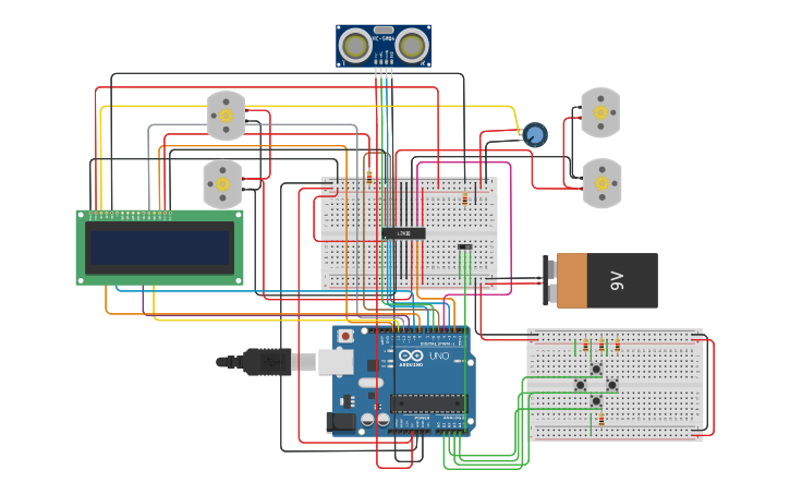 Circuit design Robot Avoid Obstacle/Button-Controlled | Tinkercad
