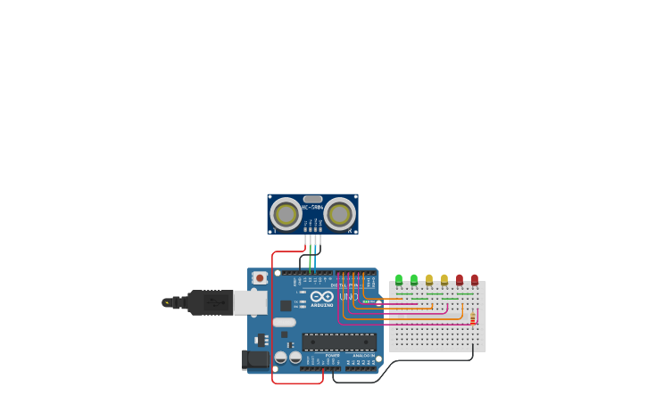Circuit design Ultrasonic Range finder with LED - Tinkercad