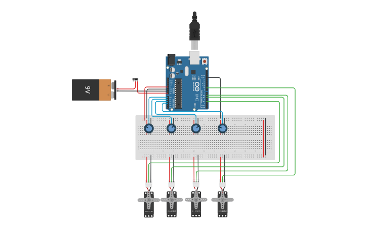 Circuit design MeArm Wiring & Code - Tinkercad
