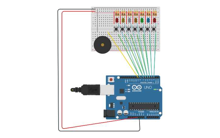 Circuit design Proyecto final: Piano buzzer + led | Tinkercad