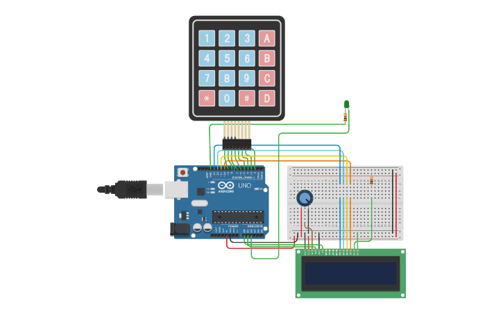 Circuit design Keypad+LCD+LED+Password - Tinkercad