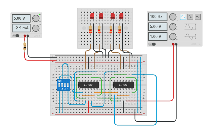 Circuit design MOD4 Percobaan 2 (Binary Down Counter) - Tinkercad