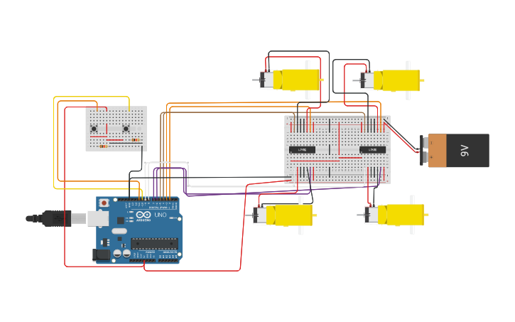 Circuit design piloter 4 moteurs d'engrenage avec deux L293D - Tinkercad