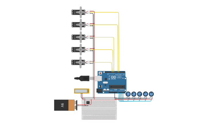 Circuit Design 5 Servos And Potentiometers Tinkercad