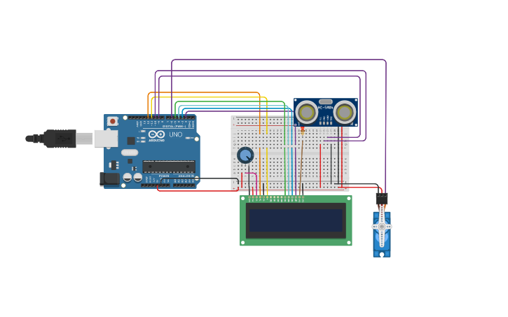 Circuit design LCD,Ultrasonic Sensor & Servo Motor | Tinkercad