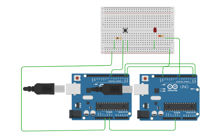 Circuit design Push Button & LED using 2 Arduinos - Tinkercad