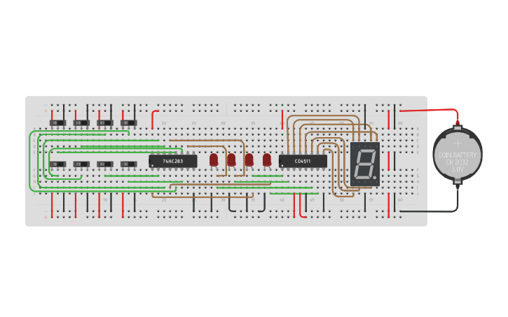 Circuit design Activity#6&7-4-BIT ADDER WITH 7-SEGMENT - Tinkercad