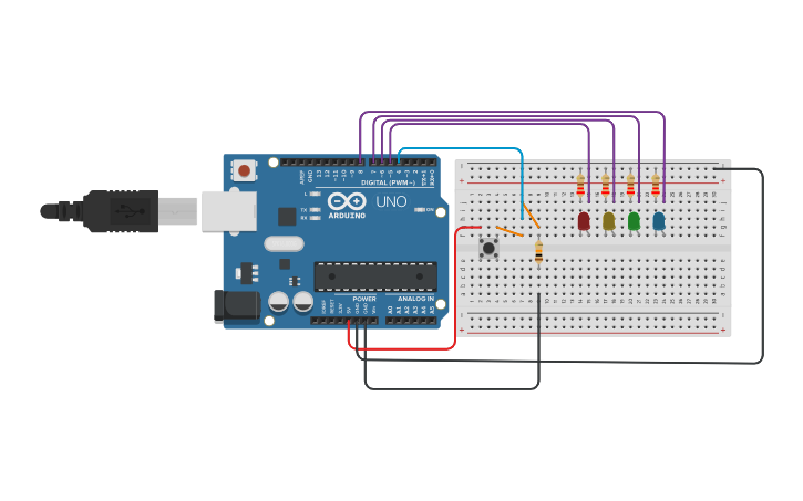 Circuit design secuencia de leds con pulsador - Tinkercad