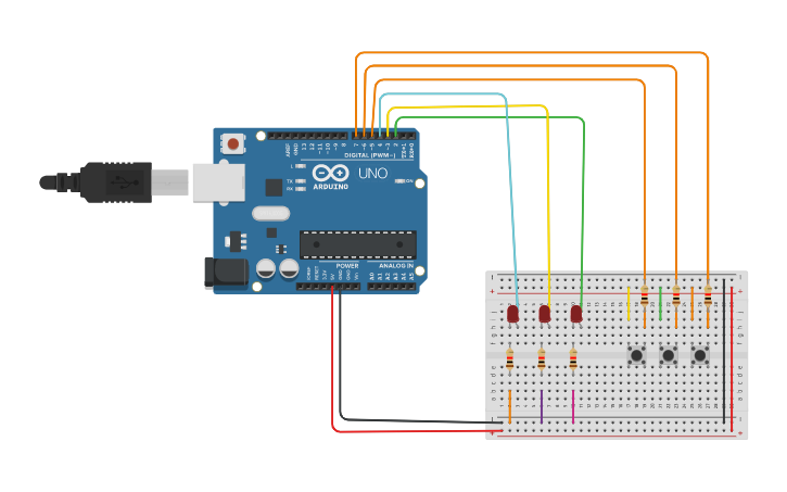 Circuit design TRES PULSADORES | Tinkercad
