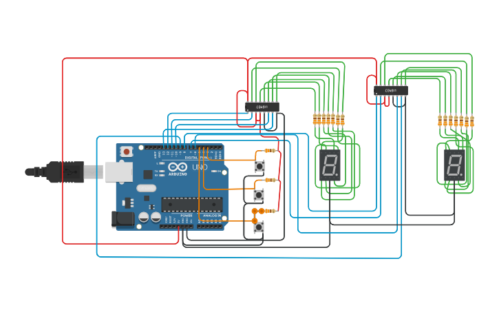 Circuit design 2 Display a 7 segmenti e 2 BCD | Tinkercad