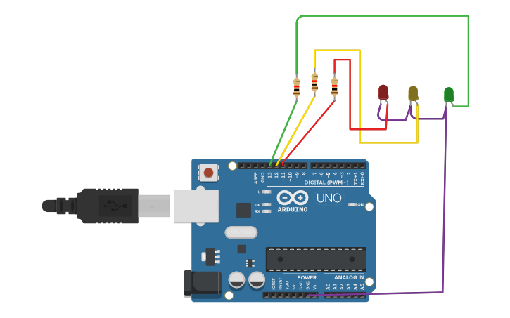 Circuit design LED traffic lights - Tinkercad
