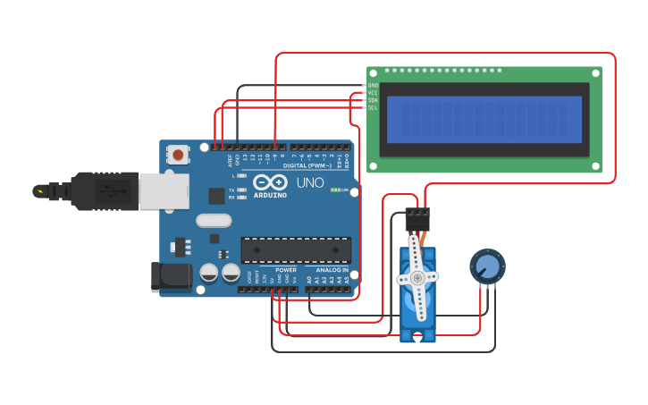 Circuit design lcd, servo, potentiometer - Tinkercad