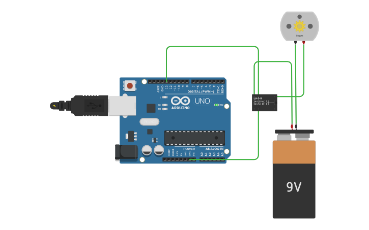 Circuit design Relay and Motor - Tinkercad