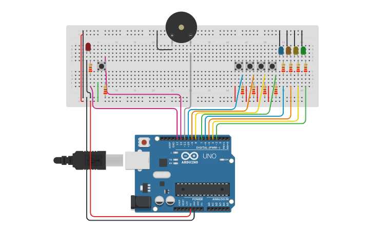 Circuit design Quiz Buzzer Exam - Tinkercad