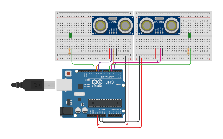 Circuit design Copy of ULTRASONIC SENSOR WITH 3 LED - Tinkercad