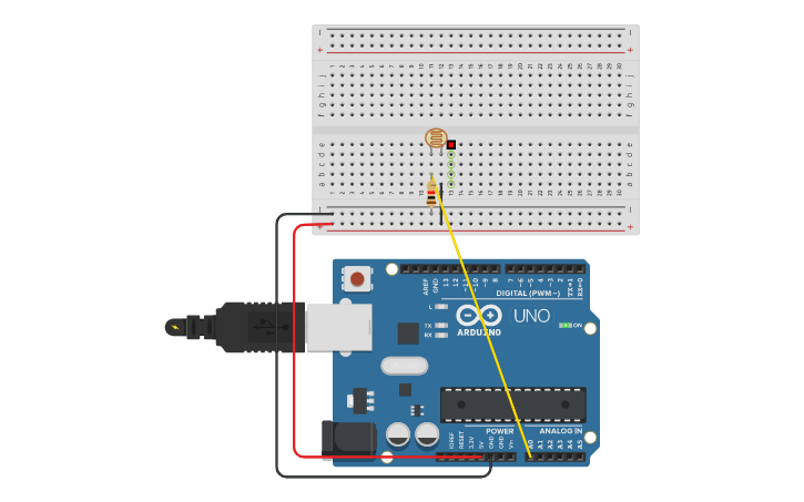 Circuit design LDR voltage divider LDR to 5V - lower delay - Tinkercad