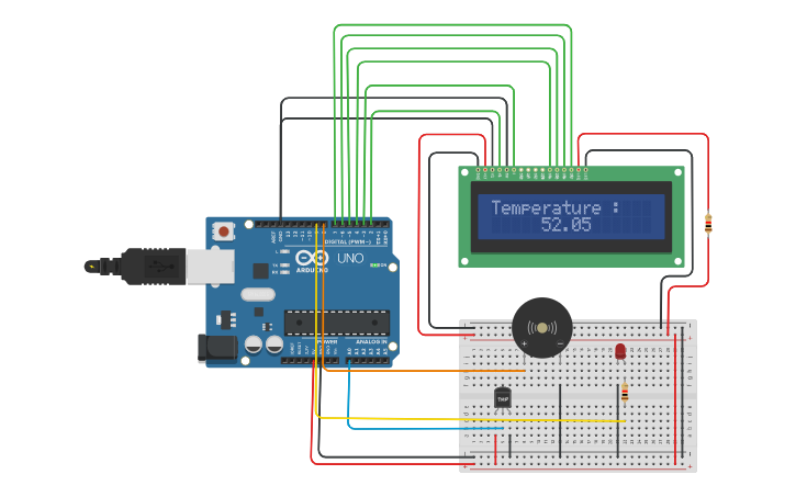 Circuit design Modifikasi Project Sensor Suhu Badan dengan Indicator dan Buzzer - Tinkercad
