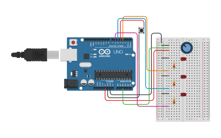 Circuit design tugas (potensio x push button) - Tinkercad