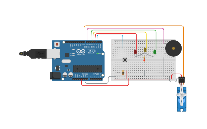 Circuit Design Servo 04 Con Semaforo Chicharra Y Boton Tinkercad