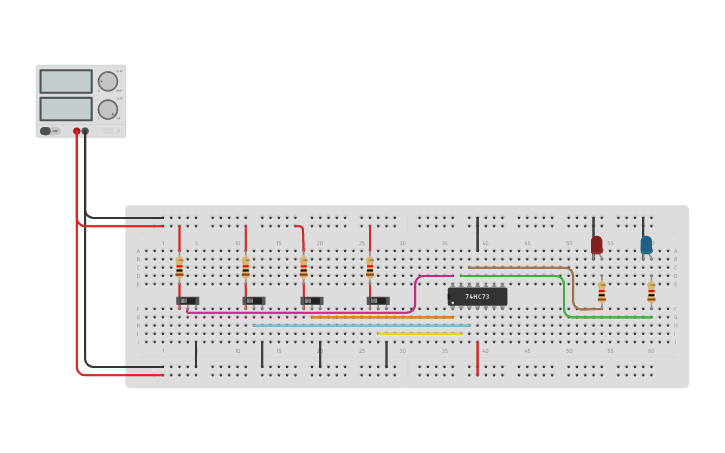 Circuit design Rangkaian J-K F-F dengan ic 7473 - Tinkercad