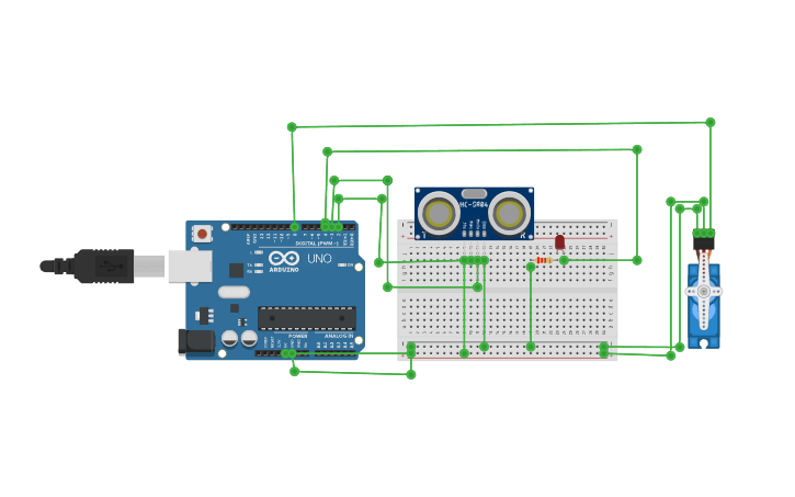 Circuit design sensor jarak dengan servo - Tinkercad