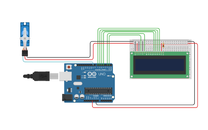 Circuit design LCD with servo motor - Tinkercad