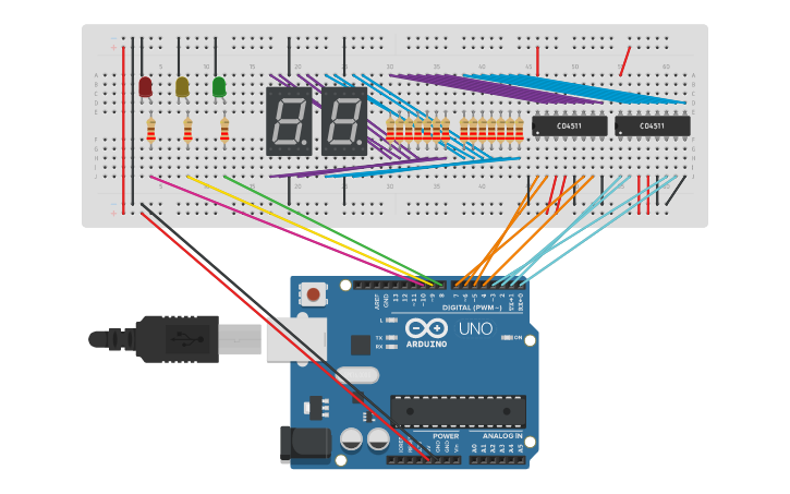 Circuit Design Arduino Traffic Light With 2 Seven Segment Displays Tinkercad