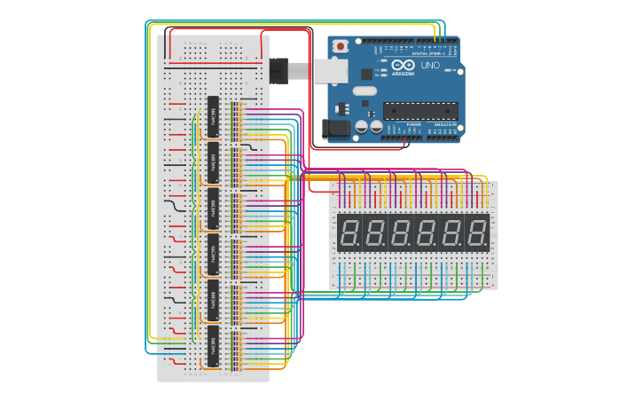 Circuit design 75HC595 Daisy-chained 6x - Tinkercad