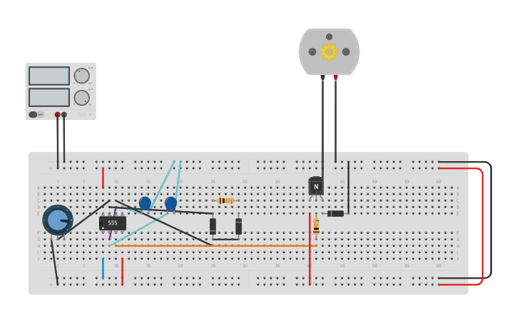 Circuit design Speed control of a 12v DC motor using 555 timer IC. - Tinkercad