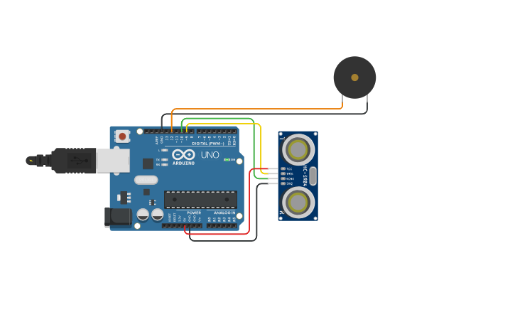 Circuit design Ultra sonic sensor with buzzer - Tinkercad
