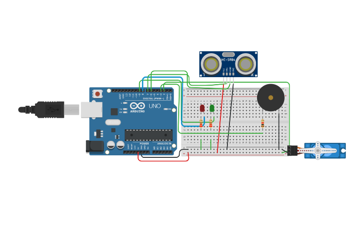 Circuit design sensor jarak | Tinkercad