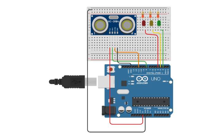 Circuit design Sensor ultrassonico com LEDs - editado | Tinkercad