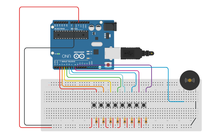 Circuit design piano with buzzer | Tinkercad