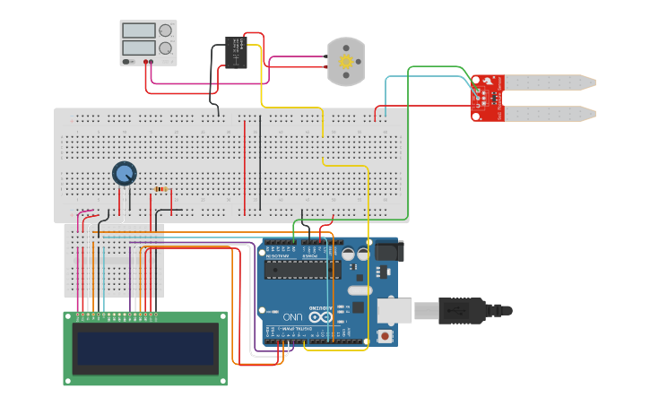 Circuit design Sistema de riego, Sensor de Humedad y LCD - Tinkercad