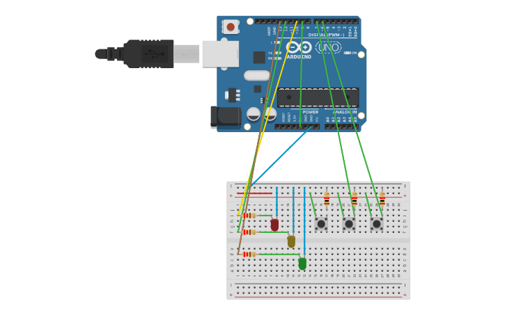 Circuit design 3 led 3 buttons | Tinkercad