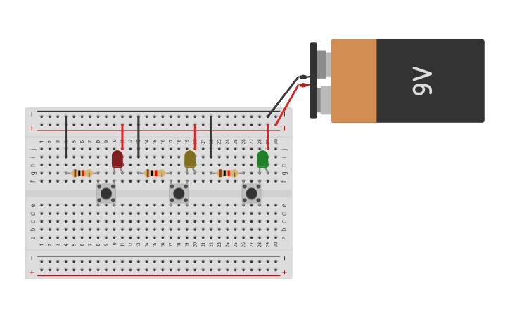 Circuit design 3 LEDS CON PULSADORES - Tinkercad