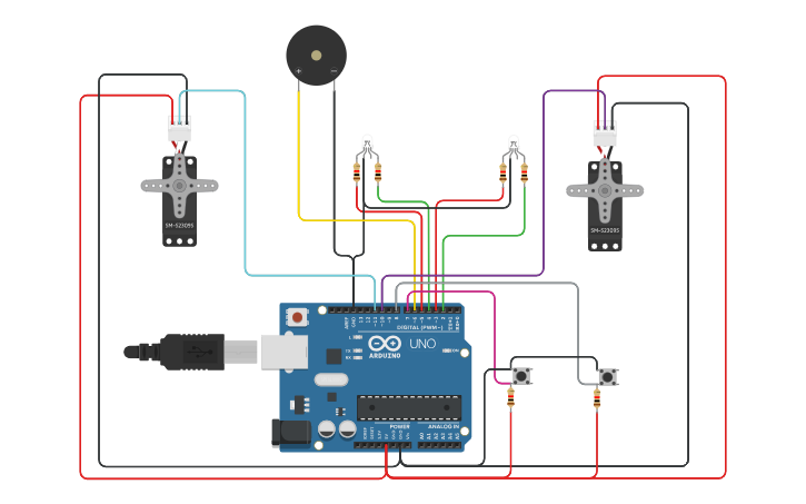 Circuit design Two Servo with two PB - Tinkercad