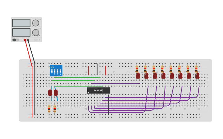 Circuit design SIPO 74595 - Tinkercad