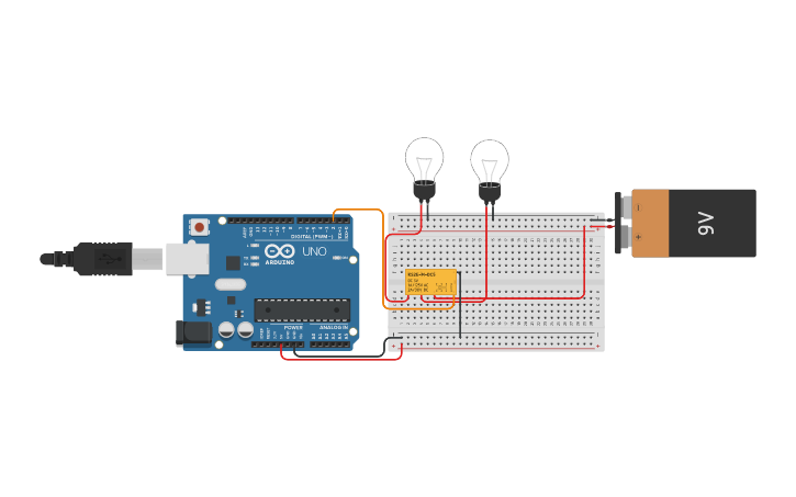 Circuit design Relay DPDT + Battery + 2 Light - Tinkercad