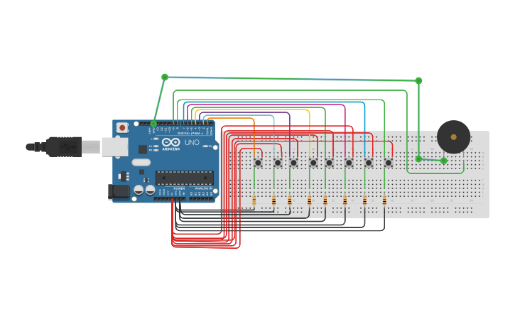 Circuit design piano con arduino | Tinkercad