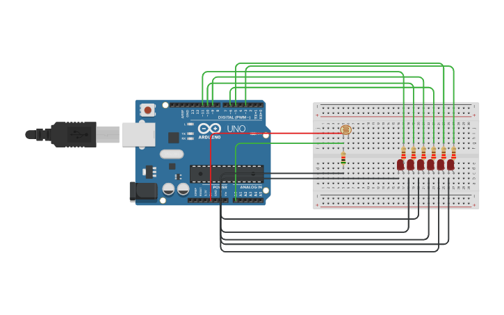 Circuit design led sequenza luminosità fotoresistore | Tinkercad
