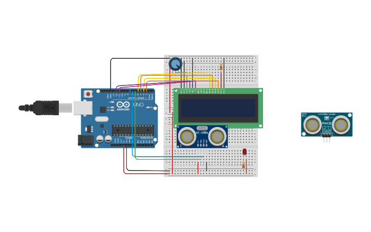 Circuit design HC-SR04 y LCD | Tinkercad