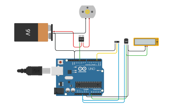 Circuit design MCC avec TIP120 avec capteur de température - Tinkercad